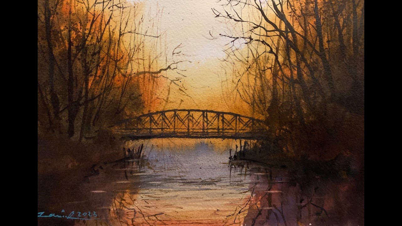 Sunset and Bridge: Watercolor painting tutorial - Pintando.org